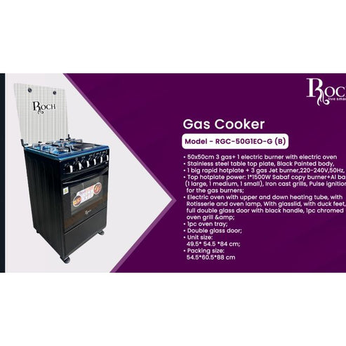 Roch RGC-50G1EO-G 50x50cm 3 Gas Burners + 1 Hotplate Cooker – DIGITAL ...